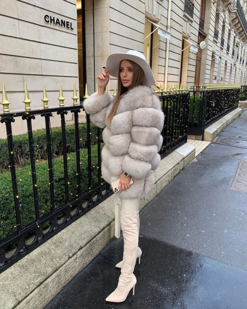 Fox Fur Coat with Diagonal Panels "Madelyn (nude)" - Real Fur Coats for Women - Aria Moda