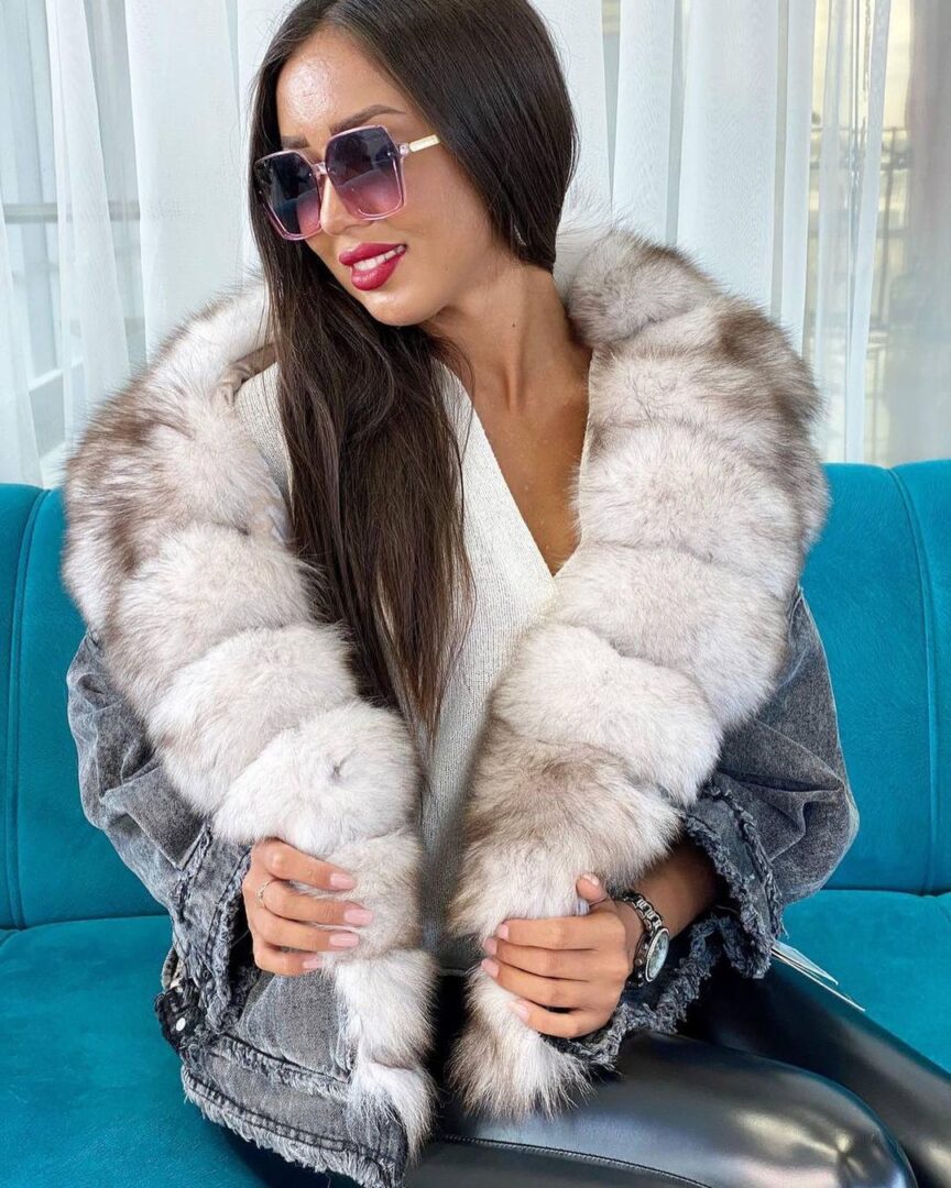 Denim Jacket with Fox Fur "Arya" - Real Fur Jackets for Women - Aria Moda